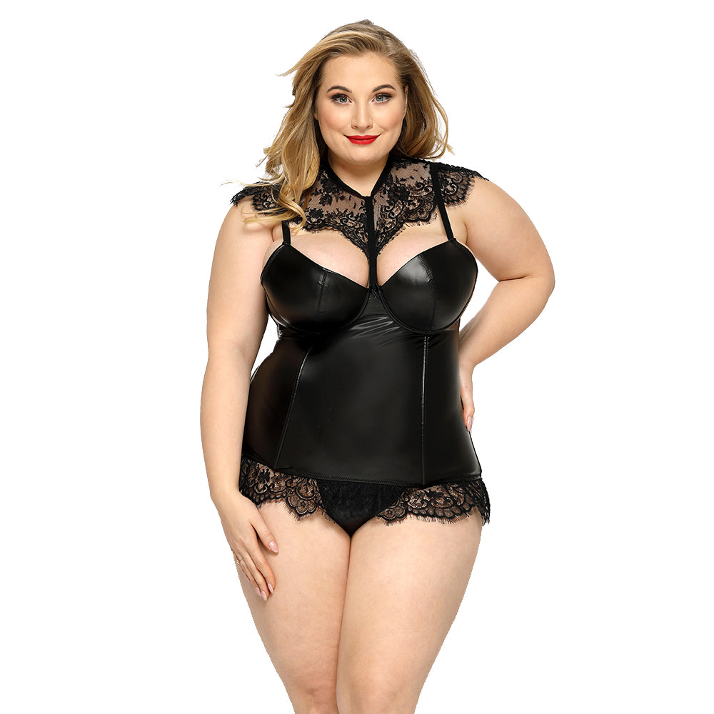 Plus Size Bodysuit 2 Pcs Black Leather Look Corset With Floral Lace